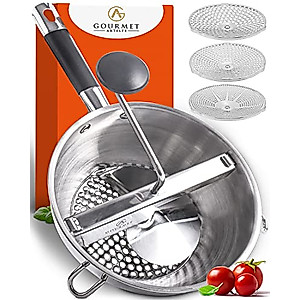 Food Mill Stainless Steel With 3 Discs - Best Rotary Food Mills For Tomato Sauce, Potatoes, Baby Food or Canning - Soft Silicone Handle and Dishwasher Safe - Includes 21 Digital Recipes with Videos