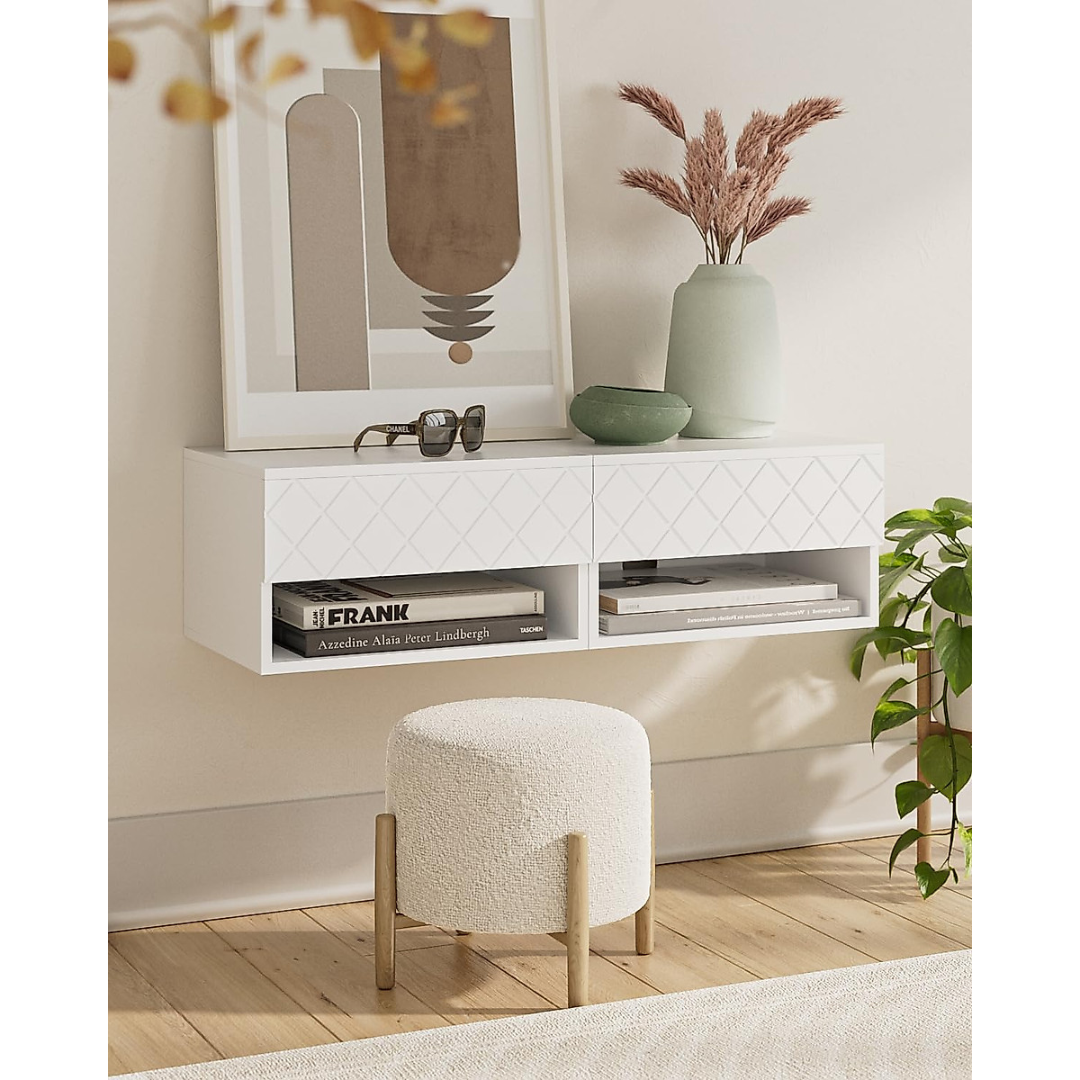 Aobafuir Floating Nightstand, Small Modern Floating Nightstand with Drawer, Floating Shelves for Bedroom, Bathroom (White Diamond)