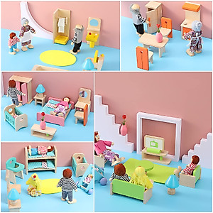 Wooden Dollhouse Furniture Doll House Furnishings with 8 Pieces Winning Doll Family Set, Dollhouse Accessories for Miniature Dollhouse, Family Figures Imaginative Play Toy (Cute Style)