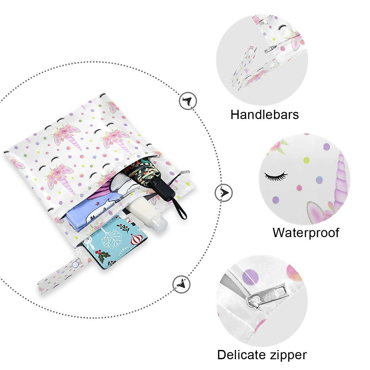 xigua Pink Unicorn Waterproof Wet Bag for Cloth Diaper Washable Reusable Wet Dry Bags with 2 Zippered Pockets for Travel, Beach, Pool, Stroller, Dirty Clothes, Wet Swimsuits (2PACK)