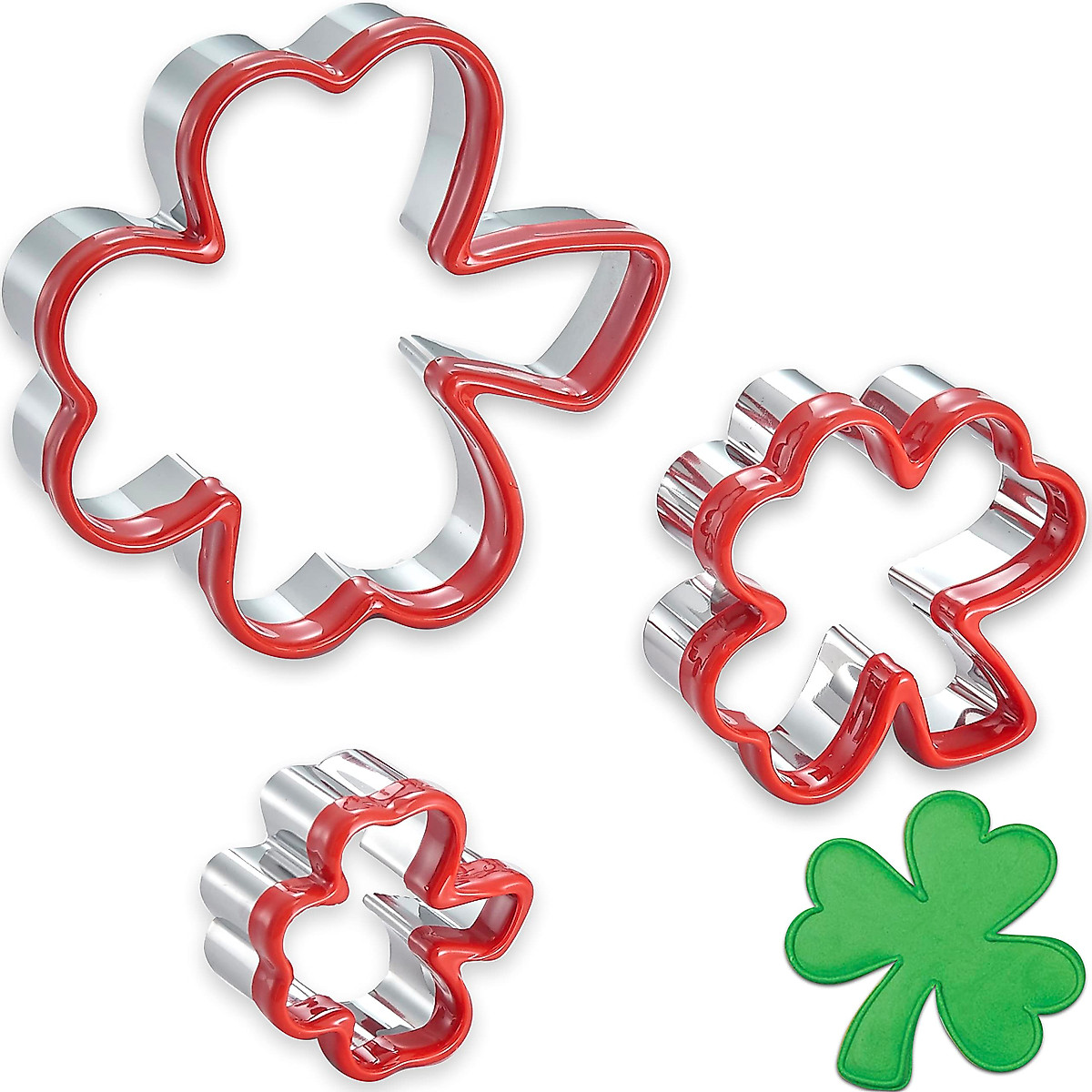 3 Pcs Clover Cookie Cutter Set 4.1" 3" 1.8", St. Patrick's Day Irish Shamrock Holiday Stainless Steel Cookie Cutter, Coated with Soft PVC for Protection