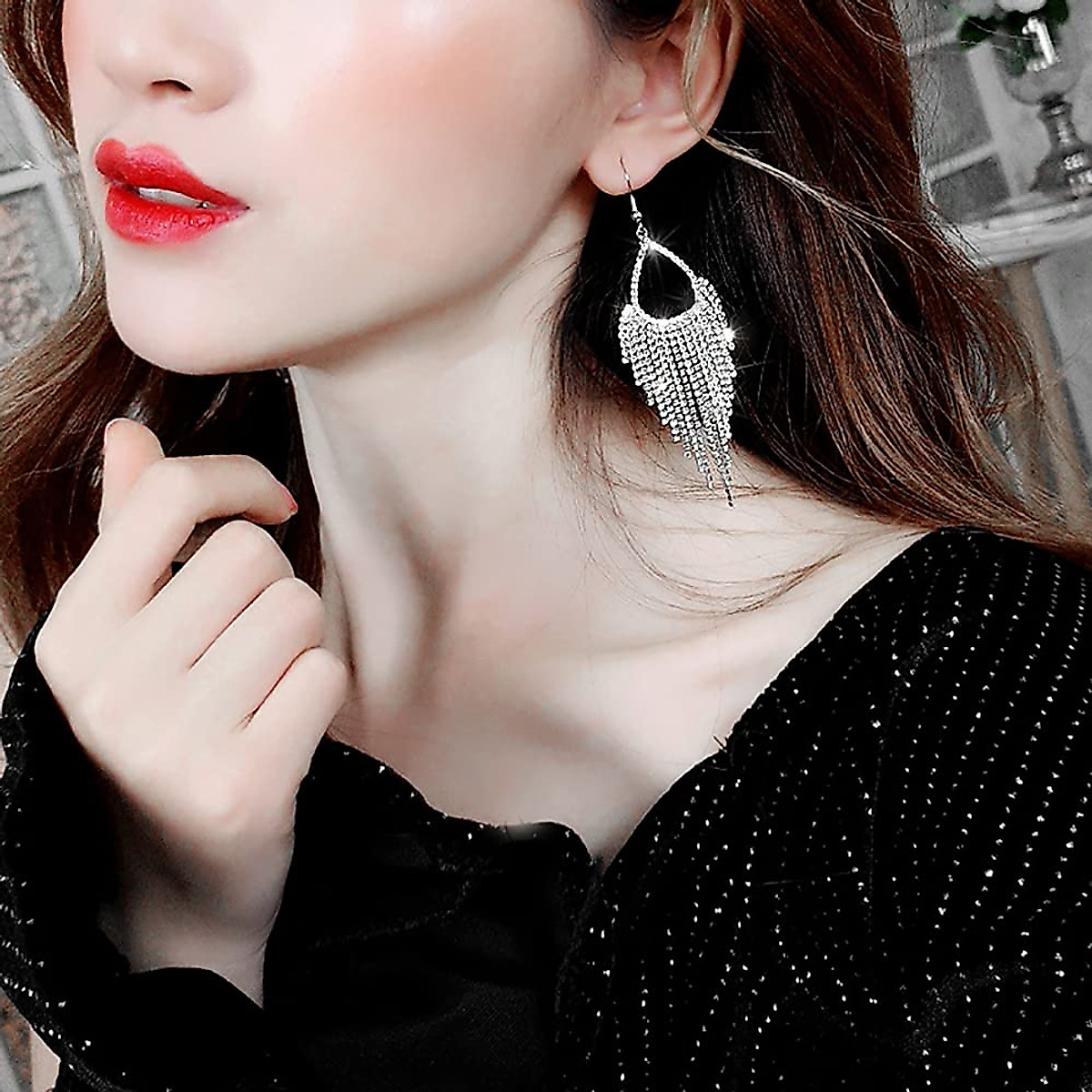 Luxuary CZ Fringe Drop Statement Earrings for Women Cubic Zirconia Tassel Crystal Chain Dangle Hook Stud Earring Elegant Wedding Birthday Party Prom Mother's Day Christmas Jewelry