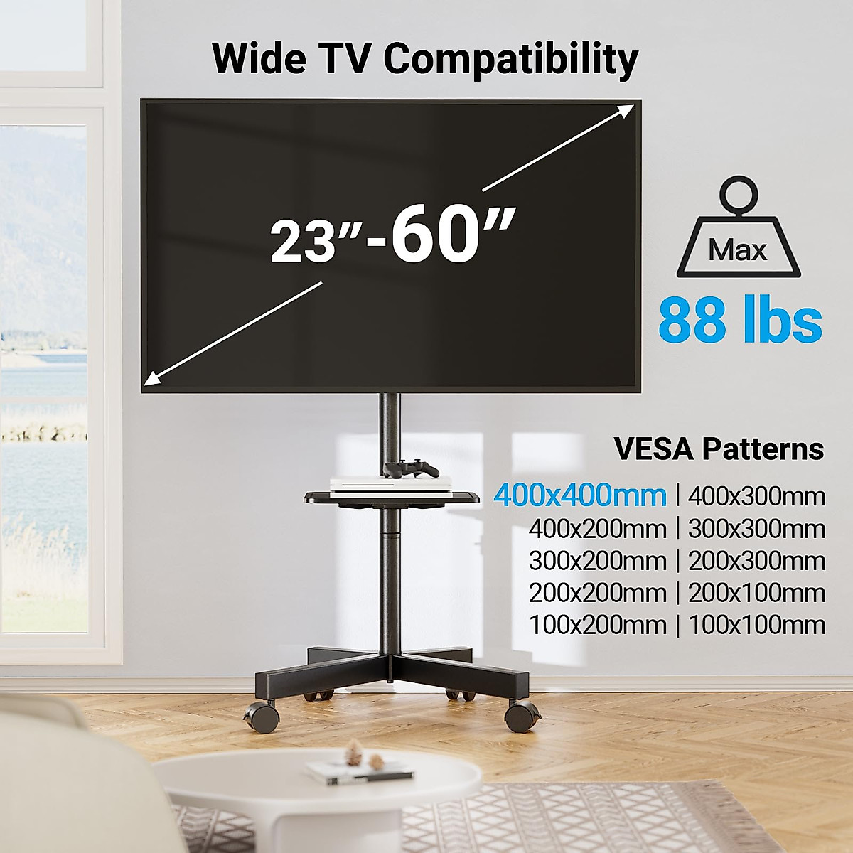 PERLESMITH Mobile TV Stand for 23-60 Inch LCD LED Flat/Curved Panel Screen TVs, Tilt TV Cart Max VESA 400x400 Portable TV Stand with Laptop Shelf Rolling Floor TV Stand Holds up to 88Lbs (PSTVMC06)