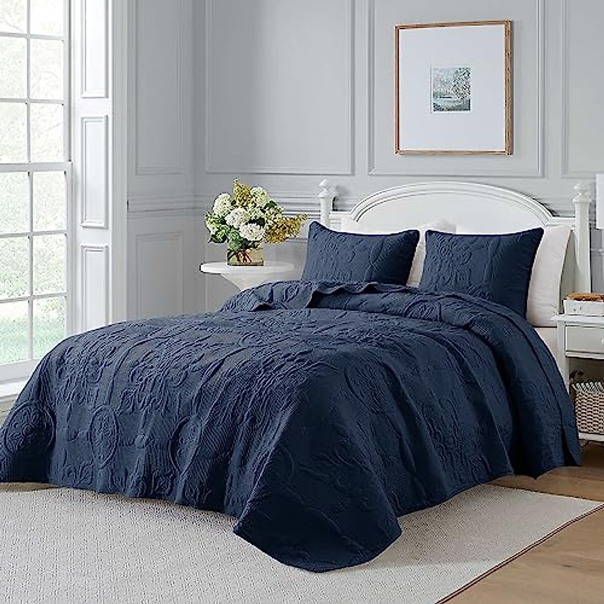 Boho Quilt California Cal King Size Bedding Sets with Pillow Shams, Damask Oversized Lightweight Soft Bedspread Coverlet, Navy Blue Quilted Blanket Thin Comforter Bed Cover, 3 Pieces, 118x106 inches