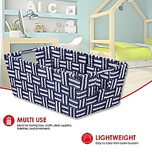 Home Basics Stripe Woven Strap Storage Bin | Various Black | Blue | Brown | Grey | Great for Storage | Metal Frame | Lightweight with Handles | Sturdy Construction (Blue, Small)