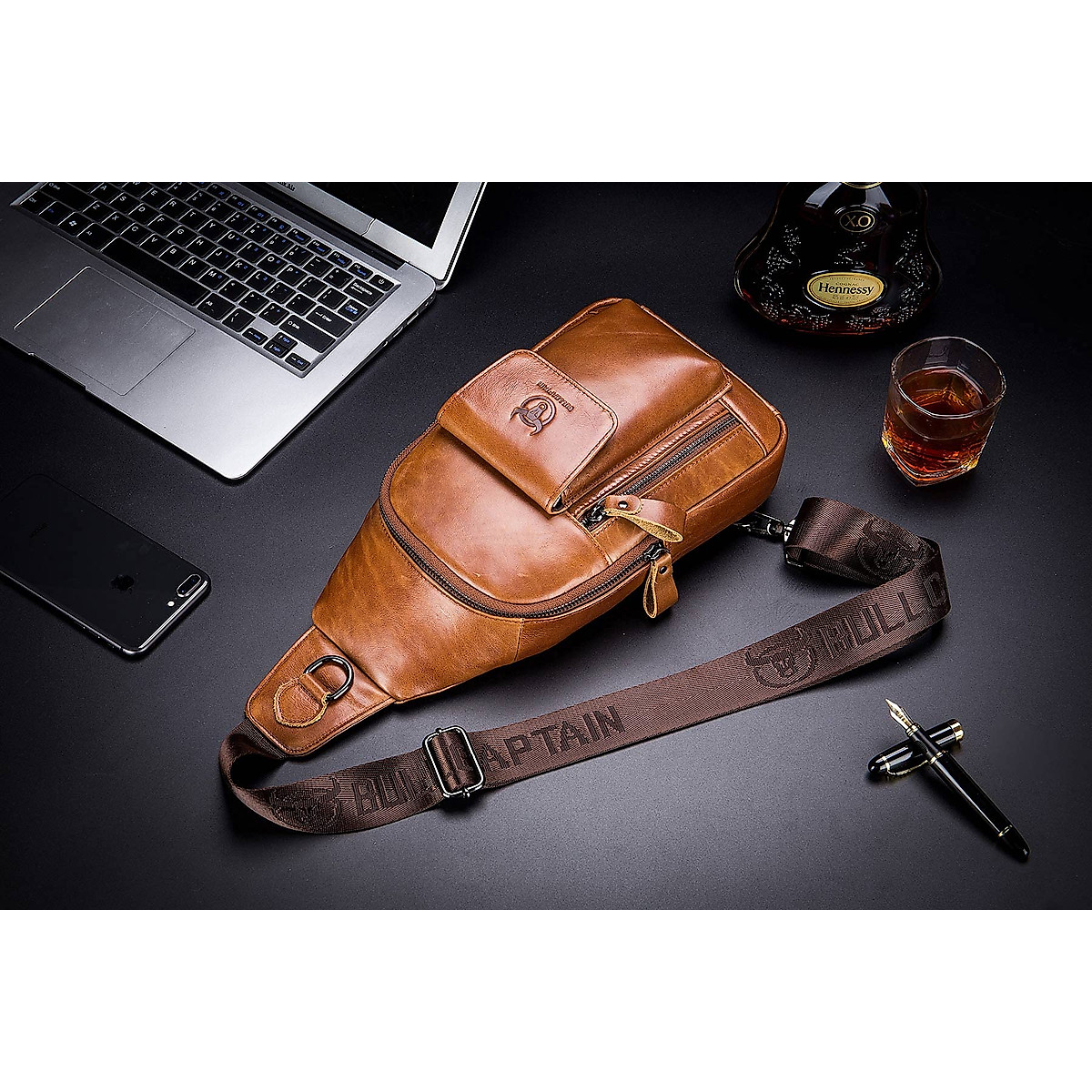 BULLCAPTAIN Genuine Leather Sling Bag for Men Leather Casual Crossbody Shoulder Backpack Travel Hiking Vintage Chest Bags Mens Daypacks (Brown)