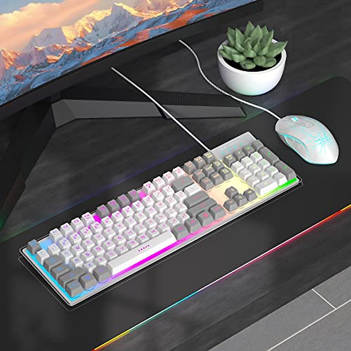MageGee Gaming Keyboard and Mouse Combo, K1 LED Rainbow Backlit Keyboard with 104 Key Computer PC Gaming Keyboard for PC/Laptop(Gray & White)