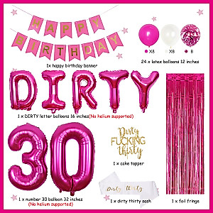 Fangleland 30th Birthday Party Decorations for Her Hot Pink Dirty Thirty Banner Balloon Dirty 30 Sash Cake Topper for 30 Years Old Birthday Party Supplies