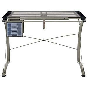 Coaster Home Furnishings Melo Modern Drafting Table for Office Drawing Desk Adjustable Angle Top Smoked Tempered Glass Top with Reversible Drawers Steel Frame Silver 800986