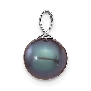 Solid 14K White Gold 8-9mm Black Round Freshwater Cultured Pearl Pendant Charm