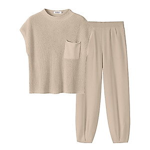 ANRABESS Women's Two Piece Outfits Knit Sweater Vest Crop Top Pants Lounge Matching Tracksuit Sweatsuit Travel Clothes Sets Khaki Small