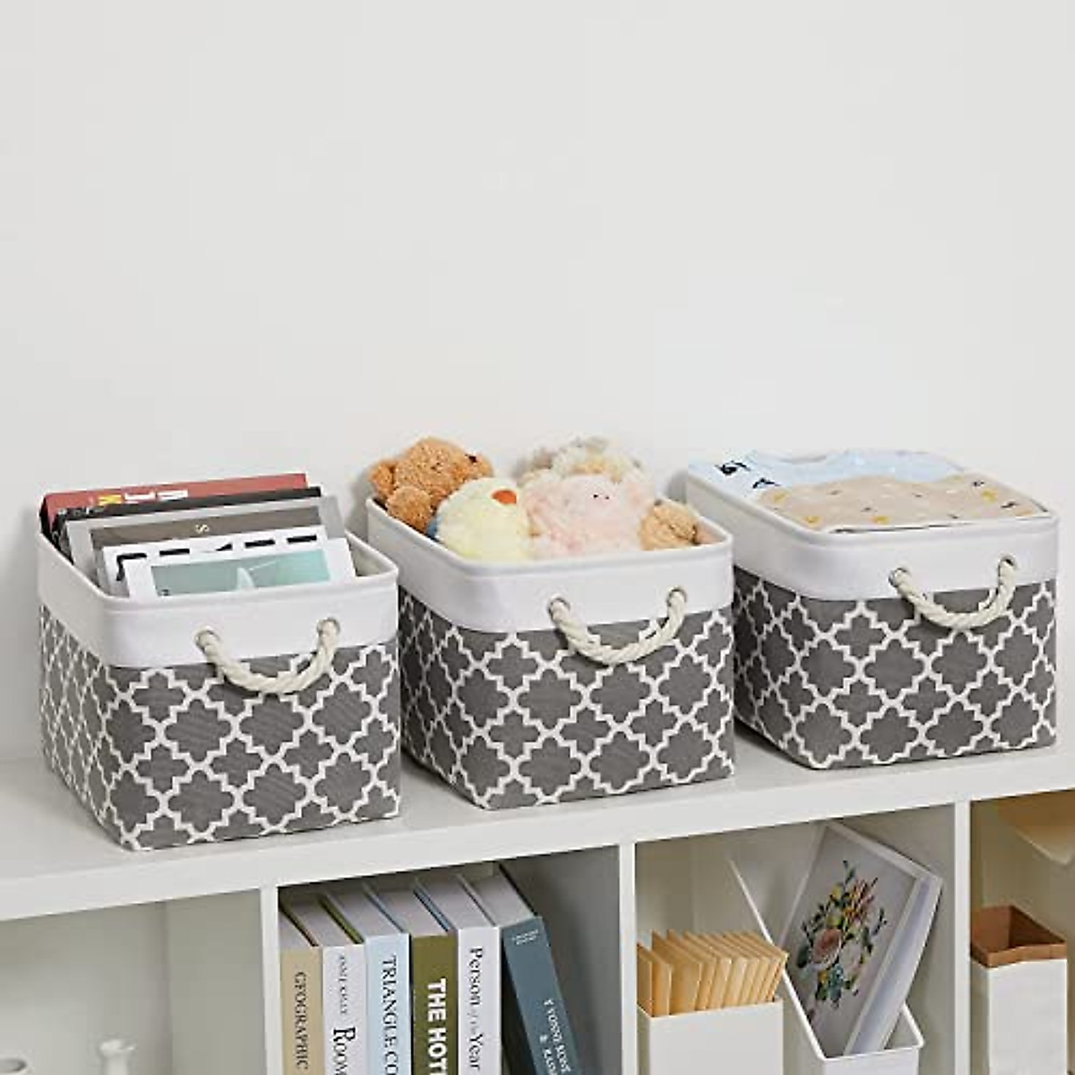 Bidtakay Baskets Set Fabric Storage Bins-White&Quatrefoil Grey Bundled Baskets of 3 Medium Baskets 15" X 11" X 9.5" + 6 Small Baskets 11.8" X 7.8" X 5" for Shelves, Organizing