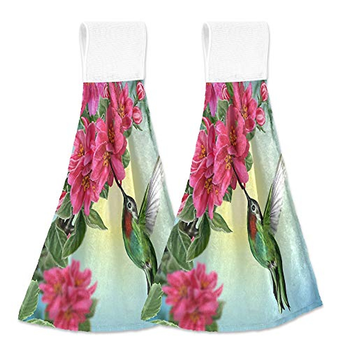YYZZH Hummingbird Bird Floral Print Red Apple Flower Blue Sky Kitchen Hand Towels with Hook & Loop Set of 2 Absorbent Bath Hand Towel Hanging Tie Towel