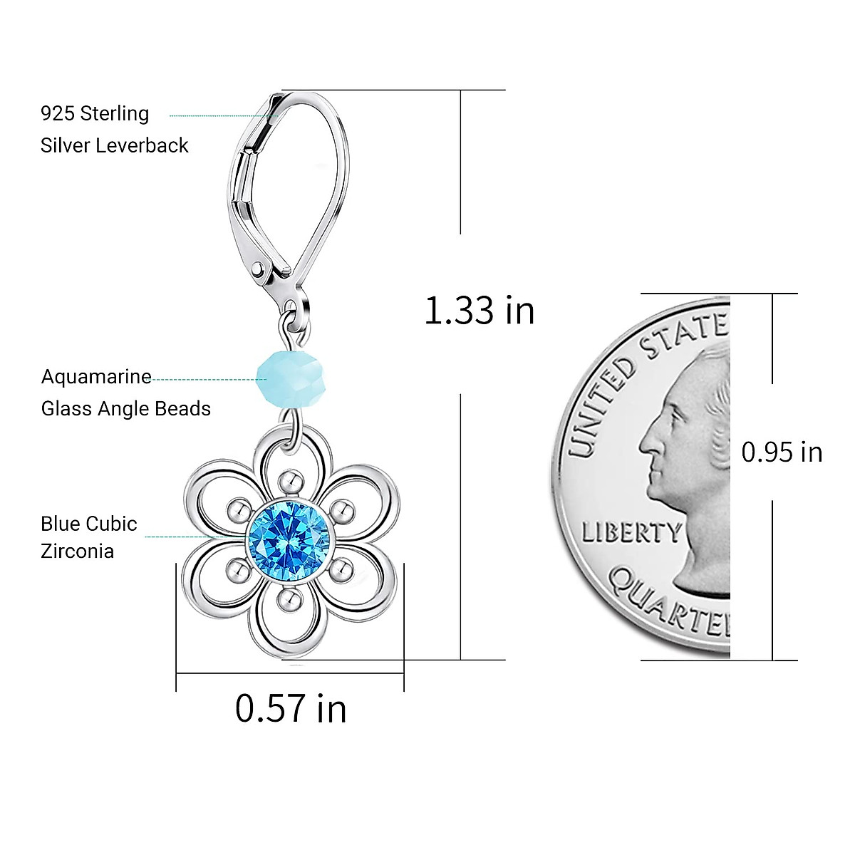 Dangle Flower Earrings for Women, White Gold Plated Drop Earrings with Blue Cubic Zirconia