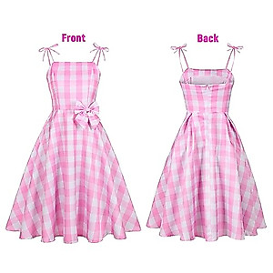 Girls Costume Dress Kids Princess Cosplay Halloween Costume Pink Plaid Dress with Hairpin Necklace Earrings CA009M