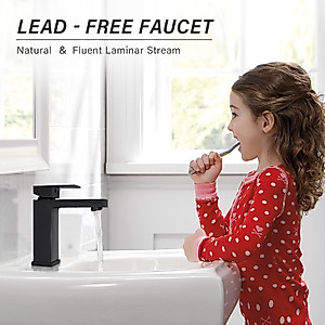 Solid Brass Black Bathroom Faucet, cUPC Certified 1 Hole Faucet for Bathroom Sink, Lead-Free Finished Single Hole Bathroom Sink Faucet with Water Supply Hoses & Pop Up Drain Stopper