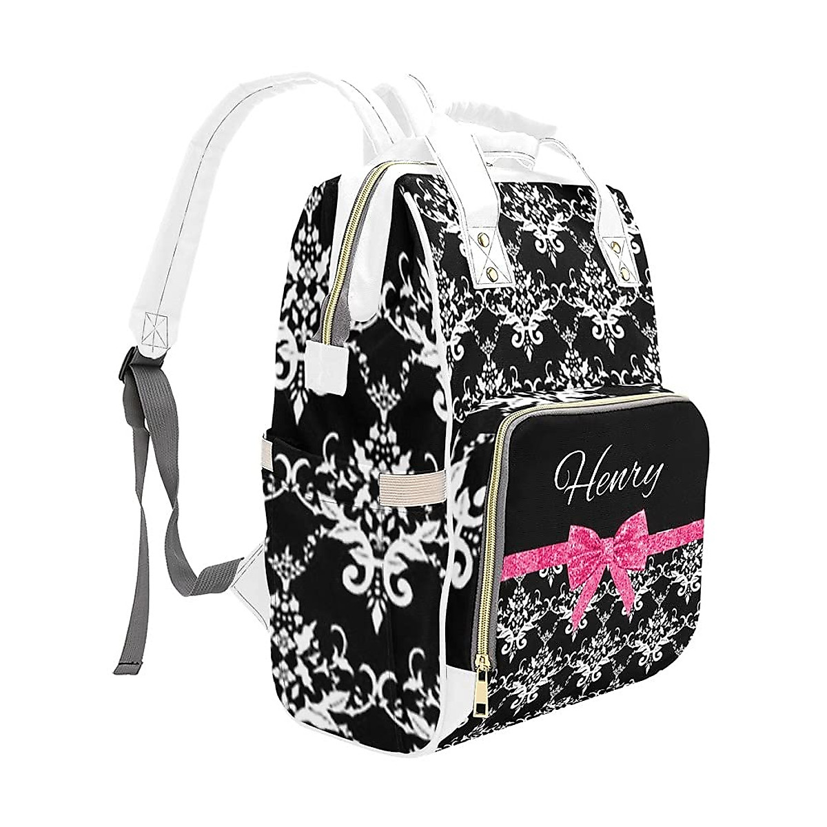 Black White Damask Pink Glitter Bow Diaper Bag Backpack with Name for Men Women Custom Personalized Nursing Baby Bags Shoulders Travel Bag Daypack