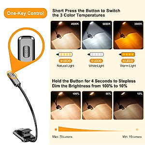 Gritin 9 LED Rechargeable Book Light for Reading in Bed - Eye Caring 3 Color Temperatures,Stepless Dimming Brightness,12+Hrs Runtime Small Lightweight Clip On Book Reading Light for Kids,Studying