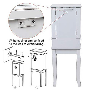 WEI WEI GLOBAL Standing Jewelry Armoire w/Top Flip Makeup Mirror, Wooden Jewelry Cabinet Chest Organizer, Stand Up Storage Display Box- 5 Drawers & 14 Necklace Hooks, White