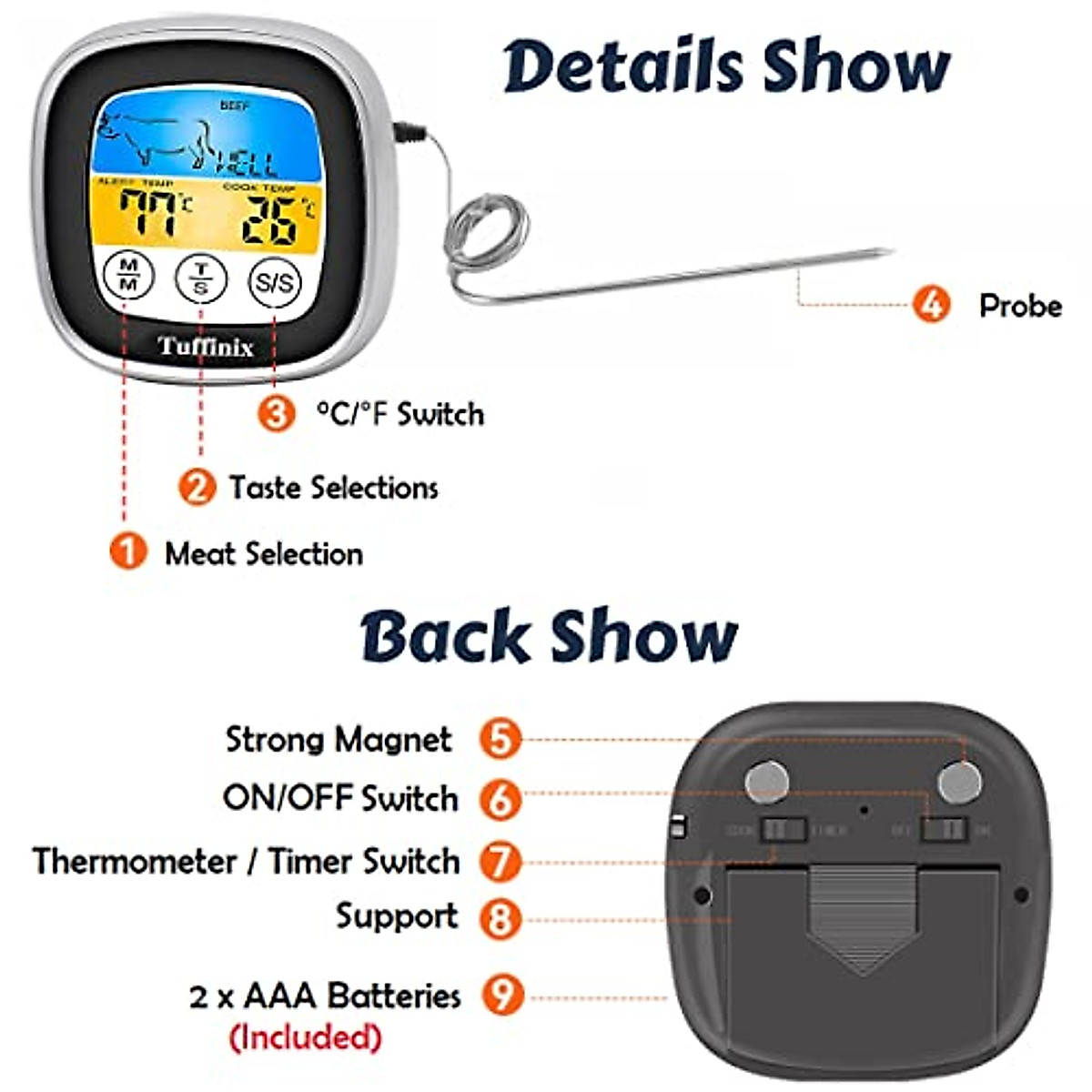 Digital Touchscreen Meat Food Thermometer - Tuffinix Instant Read Meat Thermometer 40in Probe Kitchen Cooking Thermometer with Timer Function Oven Safe for BBQ Frying Pan Smoker Cooking