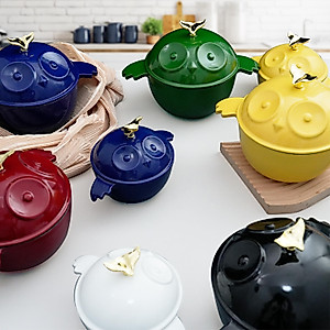 Flavehc Mini Cocotte 16 oz Owl Shaped Mini Dutch Oven 0.5 qt Cast Iron Garlic Roaster for Oven Garlic Confit Pot Ramekins with Lids Oven Safe, Green