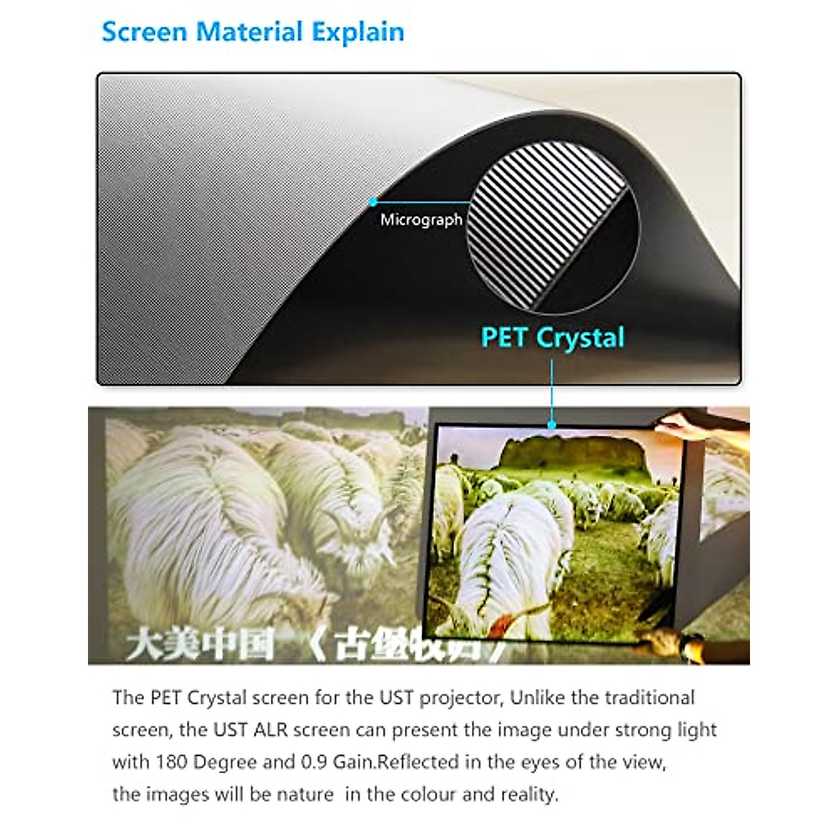 MIGO 120inch White Electric Motorized Floor Rising Tab Tension Pull up Projector Screen with The PET Crystal Slimline ALR ambieht Light for The UST 4k Projector