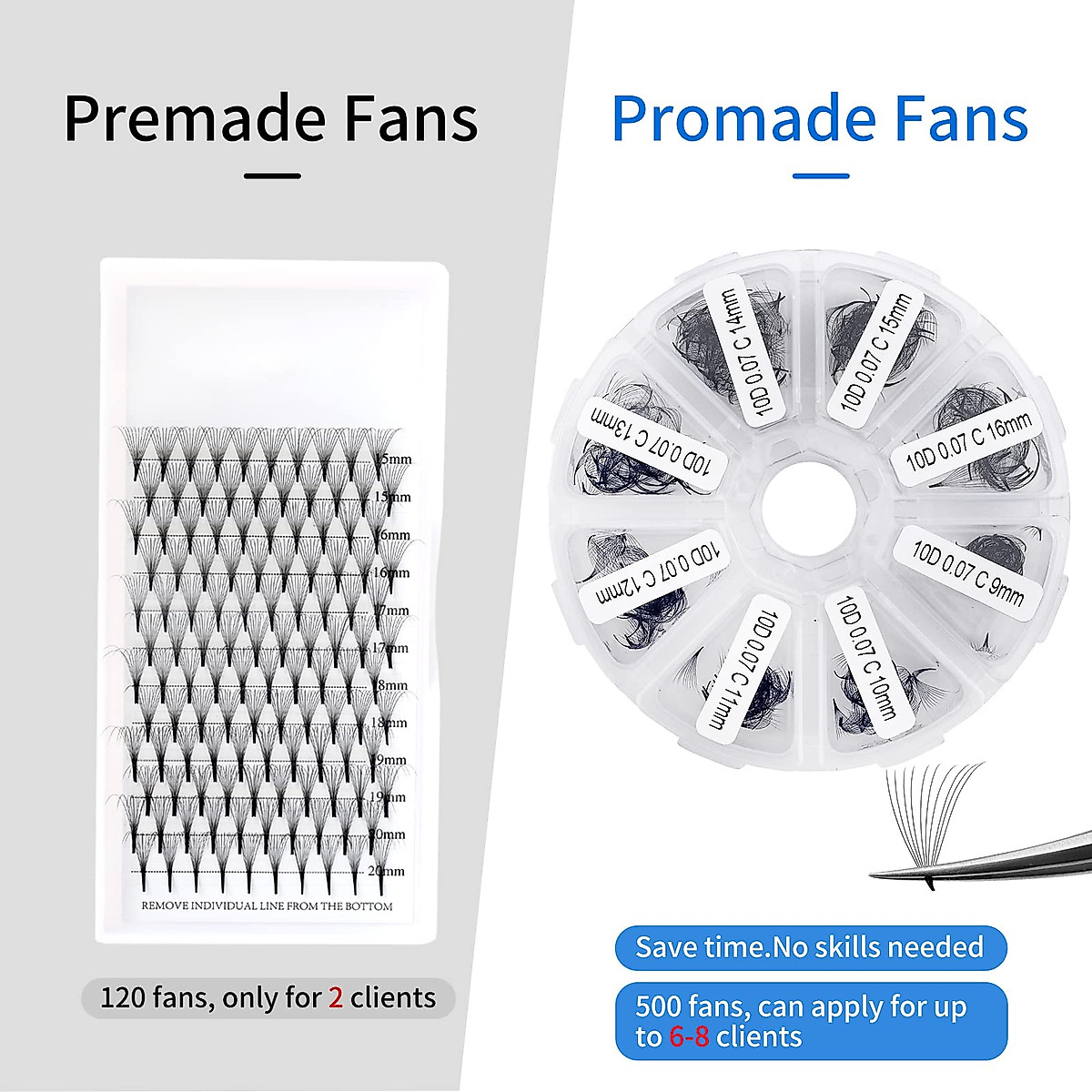 Premade Fans Eyelash Extension 500 Fans Handmade Loose Volume Lashes Mutiple Options 10D Pre-made Fans 0.07mm Thickness C/D Curl 9-16mm/13-20mm Volume Eyelash Extensions by WENDYLASHES