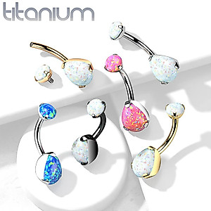 Dynamique Implant Grade Titanium Internally Threaded Top Prong Set Pear Opal Belly Button Rings (Sold Per Piecce)