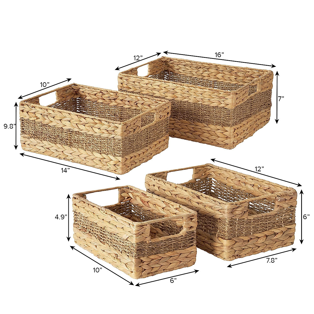 Artera Large Wicker Storage Basket - Set of 4 Woven Water Hyacinth Baskets with Handle, Large Rectangular Natural Nesting Storage Bins for Bedroom, Bathroom, Laundry Room or Kitchen (Style 1)