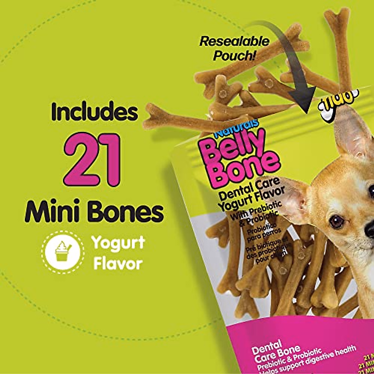 Fido Belly Bones for Dogs, 21 Yogurt Flavor Mini Dog Dental Treats (Made in USA) - 21 Count Dog Treats for Small Dogs - Plaque and Tartar Control for Fresh Breath, Digestive Health Support