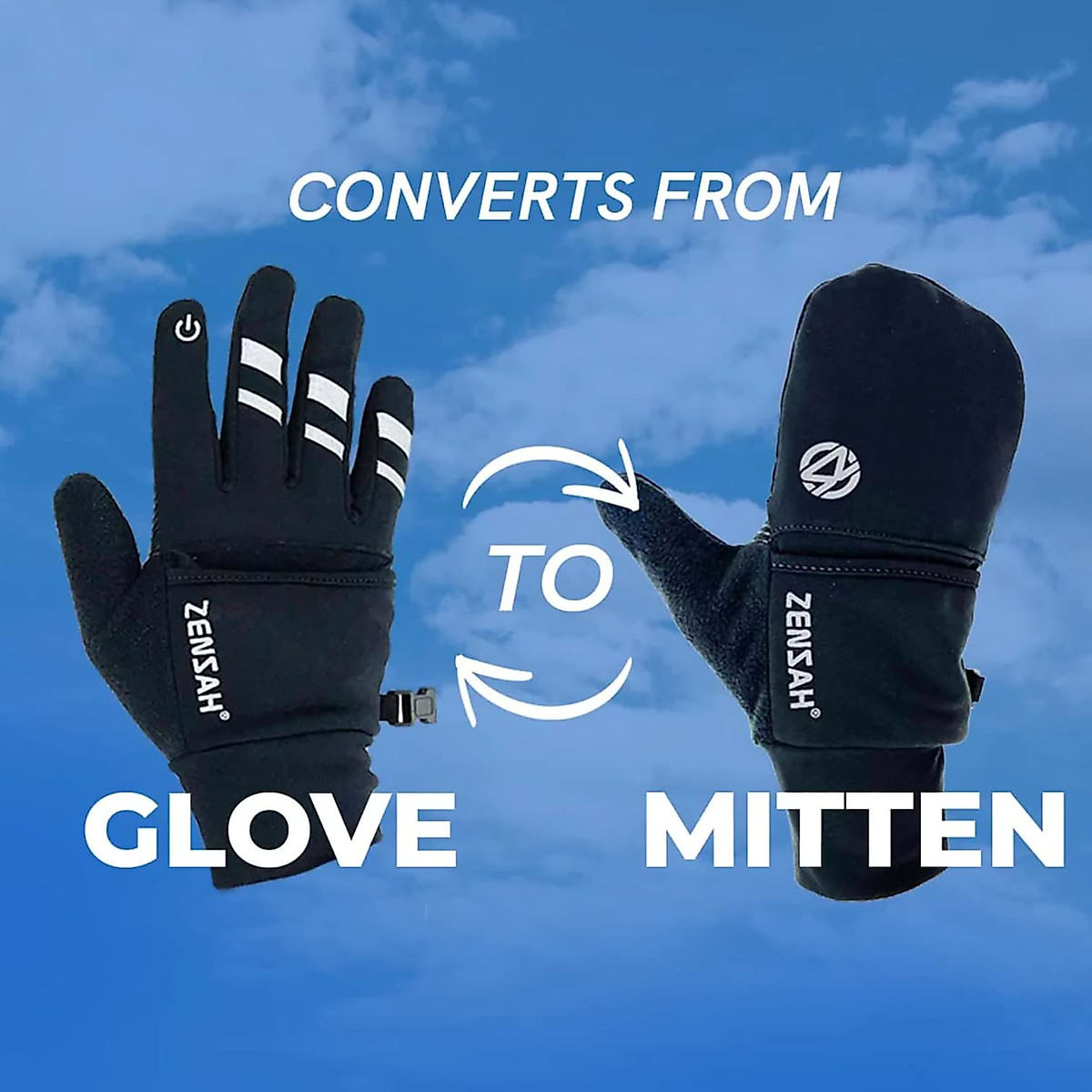 Zensah Convertible Running Mittens and Gloves - Warm Touchscreen Cold Winter Gloves for Women and Men (Black, Medium)