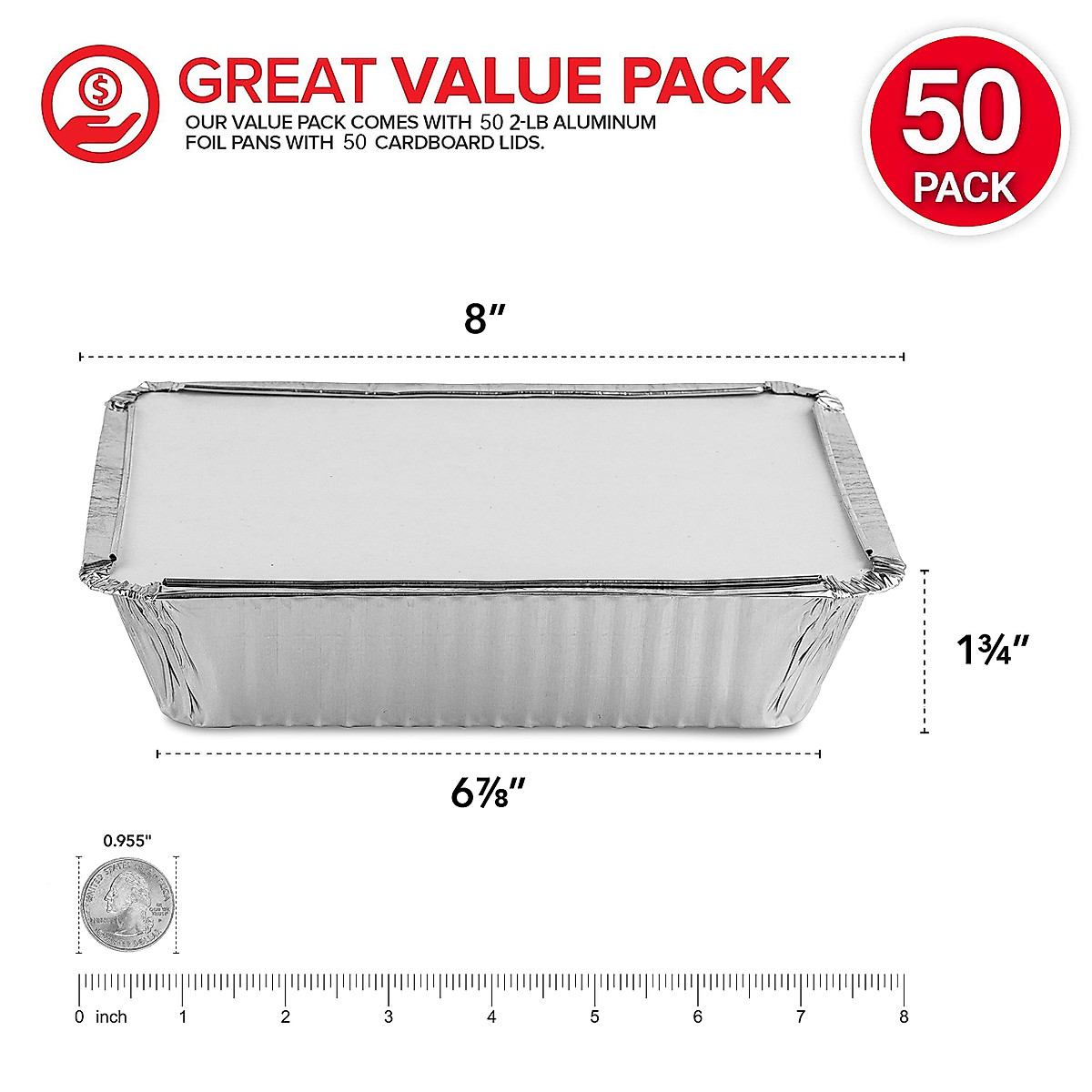 Aluminum Pans Take Out Containers with Lids (50 Pack) 2 Lb Disposable Aluminum Foil Oblong Pans with Cardboard Covers - To Go Food Storage Containers for Baking, Meal Prep, Takeout and Freezer