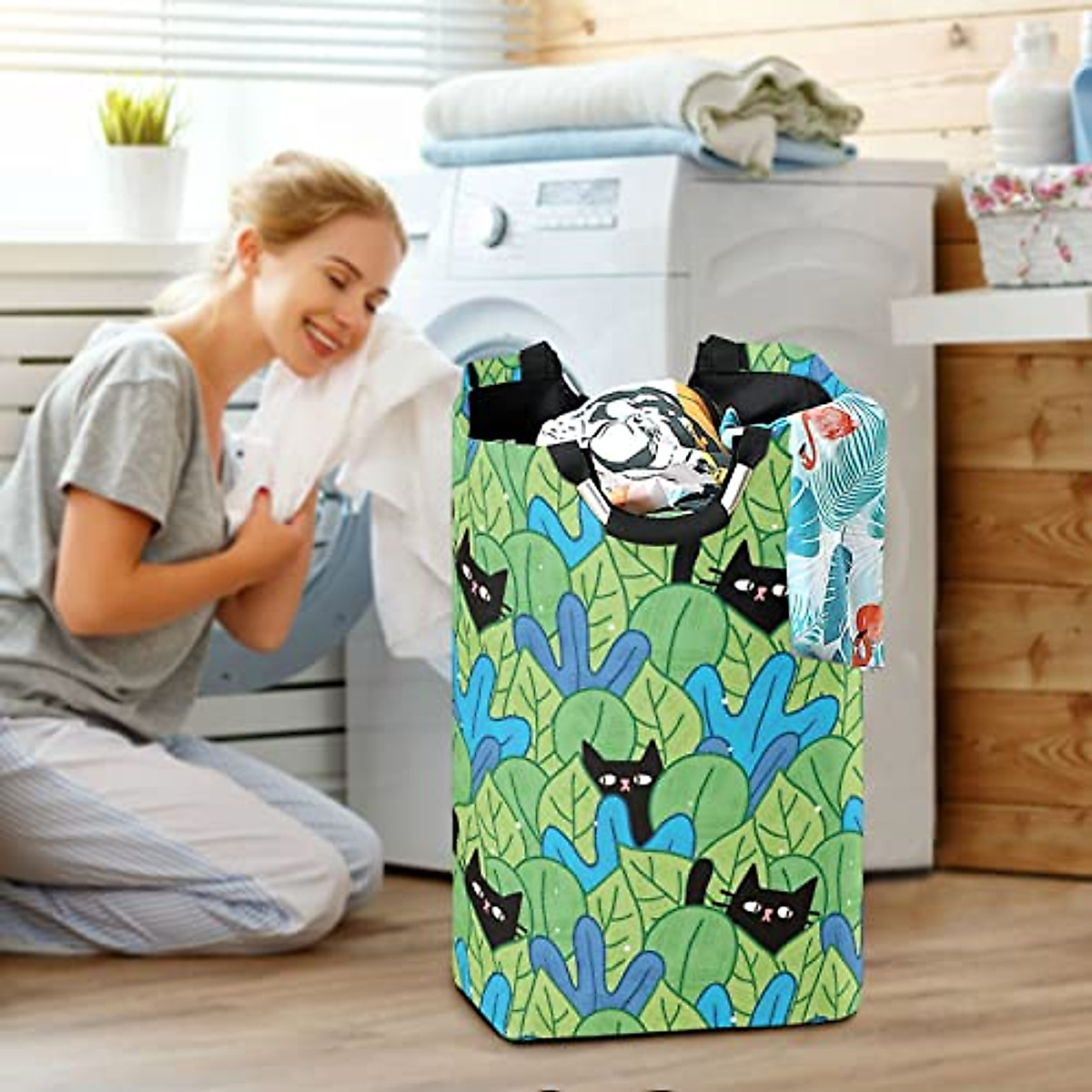Kigai Cartoon Black Cat Laundry Basket Large Collapsible Waterproof Laundry Hamper with Handles Portable Storage Basket Dirty Clothes Toys Organizer for College Dorms, Nursery, Bathroom