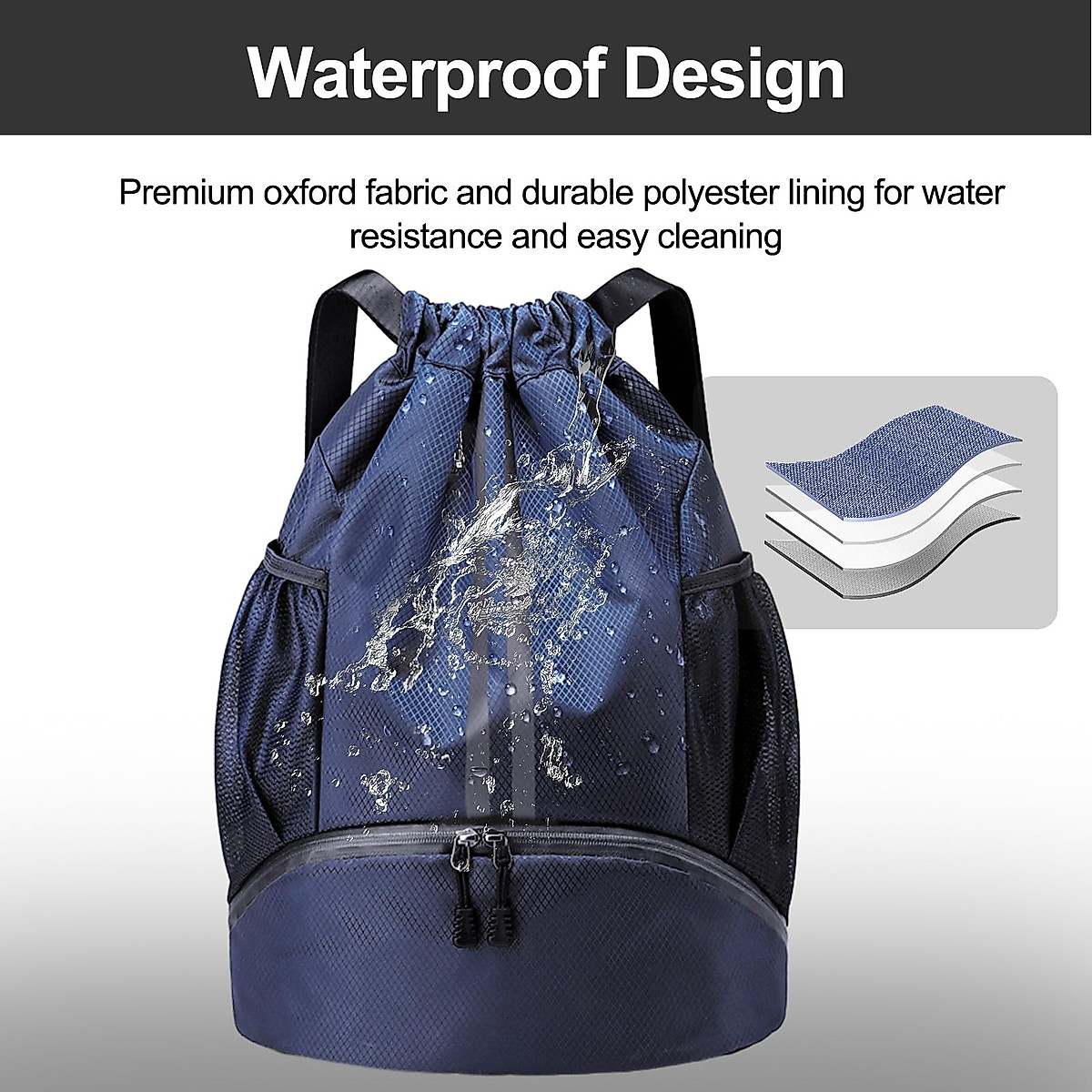 Hoedia Sports Drawstring Backpack - String Swim Gym Bag with Shoes Compartment and Wet Proof Pocket for Women/Men (Navy Blue)