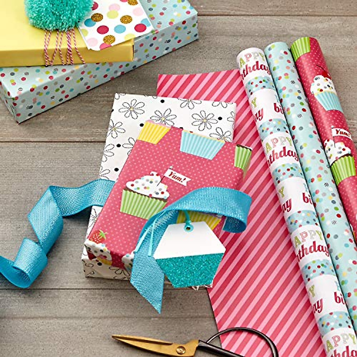 Hallmark Reversible Wrapping Paper Bundle (3 Rolls - 75 sq. ft. ttl: "Happy Birthday," Cupcakes, Stripes, Flowers, Polka Dots) in Yellow, Pink, Teal Blue, Black and White for Baby, Bridal, Birthdays