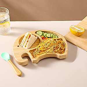 Mamimami Home Bamboo Baby Plate - Silicone Suction - Toddler Food Plate with Fork and Spoon - Baby Led Weaning Plate Feeding Utensils Set, BPA Free （Green Elephant）