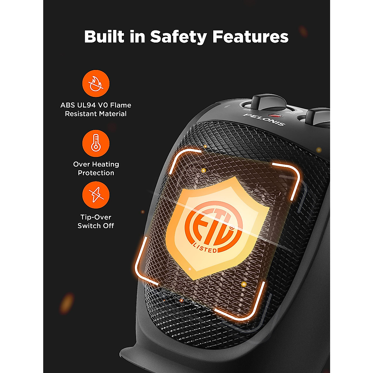 PELONIS PHTA1ABB Portable, 1500W/900W, Quiet Cooling & Heating Mode Space Heater for All Season, Tip Over & Overheat Protection,for Home, Office Personal Use, Black , 9inch