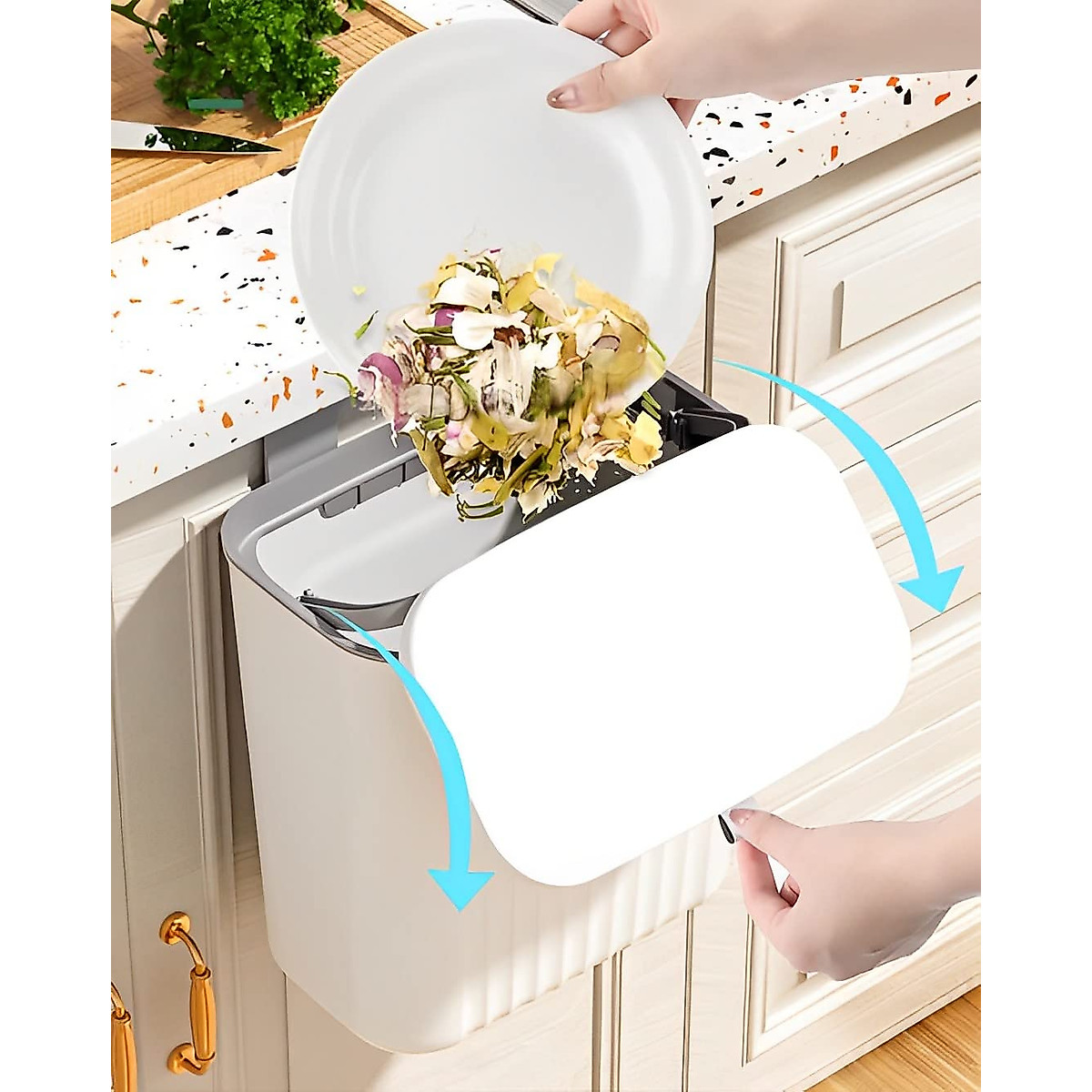 Sooyee 3 Pack 12L/3.2 Gal Kitchen Compost Bin for Countertop or Under Sink, Hanging Small Trash Can with Lid for Cupboard/Bathroom/Bedroom/Office/Camping,Compost Bucket White