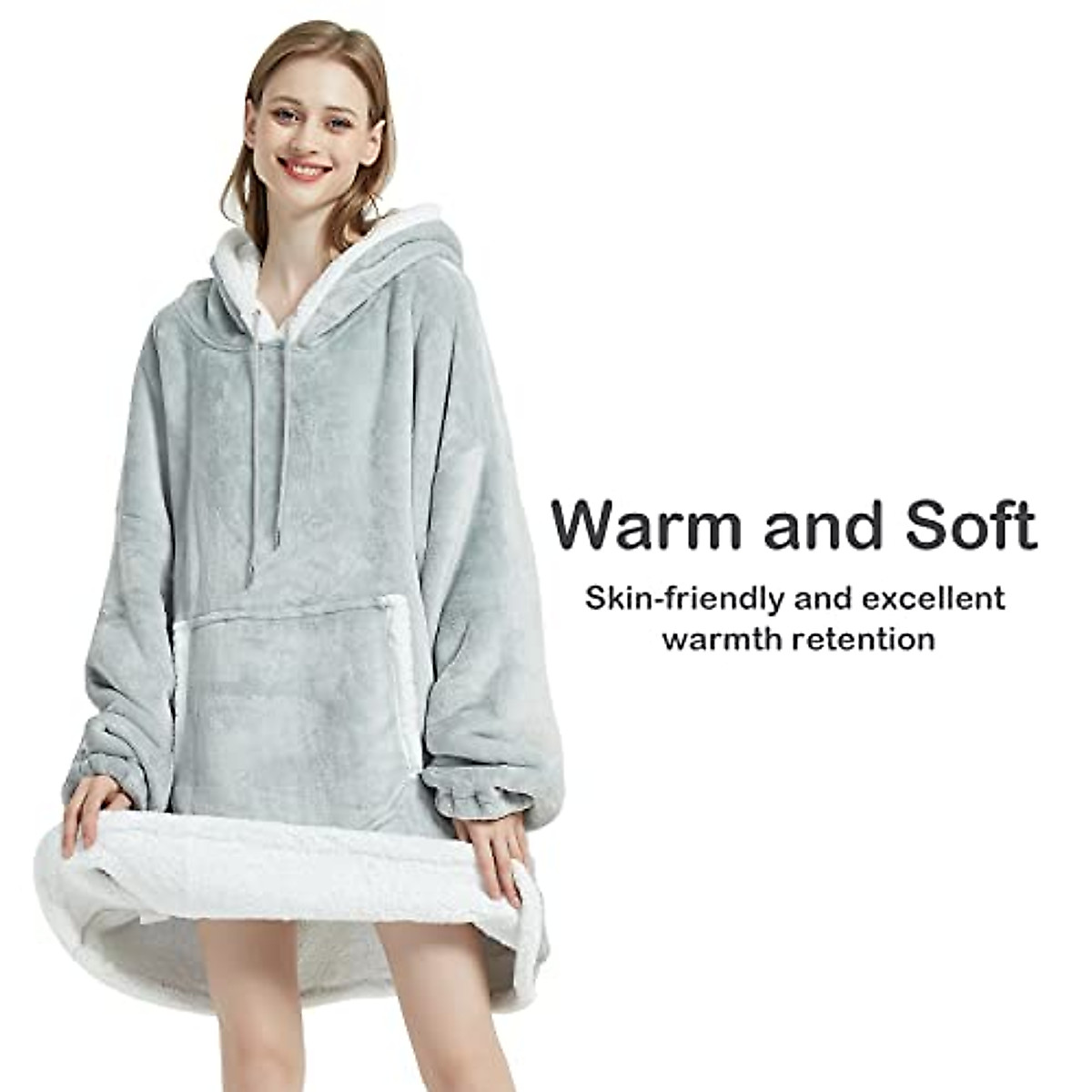 softan Blanket Hoodie, Oversized Sherpa Fleece Wearable Blanket for Women & Men, Super Warm and Cozy Plush Flannel Hooded Blanket, Sweatshirt Gift with Giant Pocket, One Size Fits All, Grey