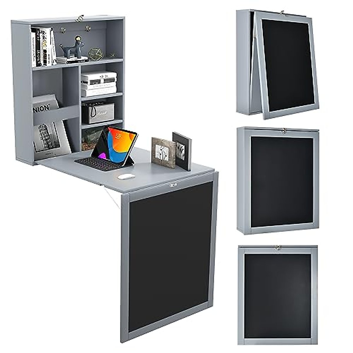 IFANNY Folding Wall Desk, Wall Mounted Fold Out Desk with Storage Shelves & Hooks, Hideaway Desk Wall Mount with Chalkboard, Floating Corner Desk for Small Spaces (Gray)