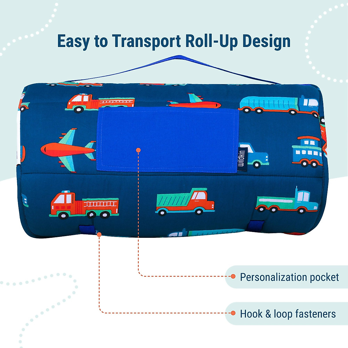 Wildkin Original Nap Mat with Reusable Pillow for Boys & Girls, Perfect for Elementary Daycare Sleepovers, Features Hook & Loop Fastener, Cotton Blend Materials Nap Mat for Kids (Transportation)