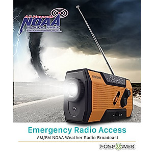 FosPower 2000mAh NOAA Emergency Weather Radio (Model A1) Portable Power Bank with Solar Charging, Hand Crank & Battery Operated, SOS Alarm, AM/FM & LED Flashlight for Outdoor Emergency