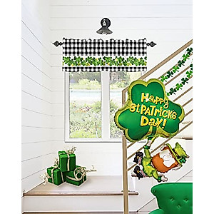 Curtain Valance for Windows St. Patrick's Day Clover Gold Kitchen Valances Rod Pocket Short Curtains,White Black Checker Plaid Window Treatment Panel for Living Room Bathroom Bedroom 60x18in