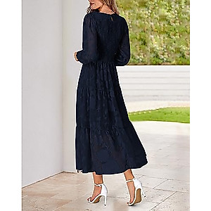BTFBM Casual Women's 2023 Fall Dresses Elegant Wedding Guest Dress Long Sleeve Floral Midi Dress Flowy Bohemian Long Dress(Navy,Large)