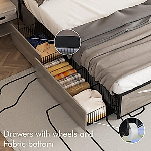 Halitaa LED Queen Size Bed Frame with Charging Station & 4 Drawers, Platform Metal Bed Frame with Headboard USB Ports Outlets, Farmhouse Bed Frame with LED Lights, Noise Free, Wash Grey (Queen)