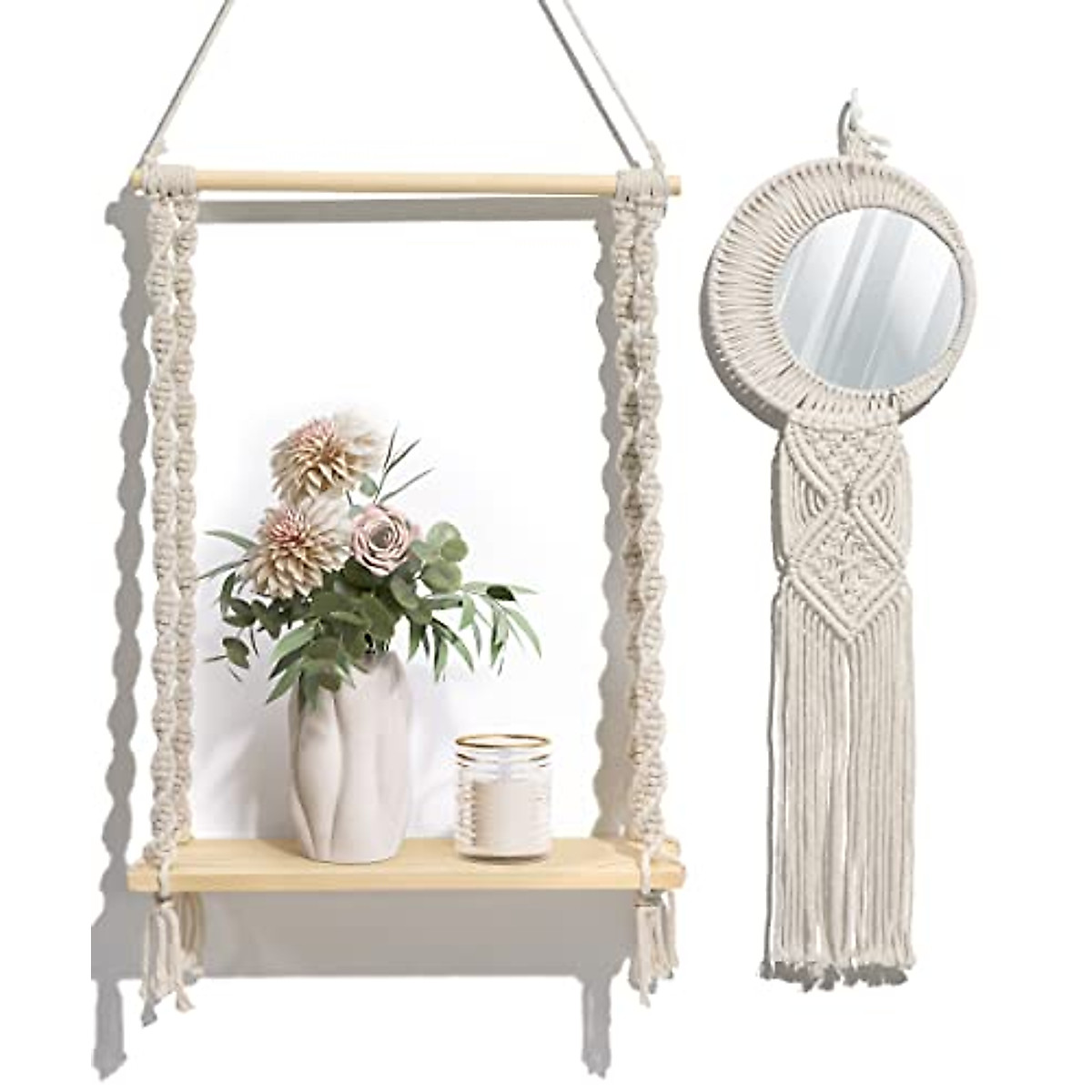 Sonefreiy Macrame Wall Hanging Shelf Boho Rope Shelves with Mirror Dreamcatcher Bohemian Wall Decor for Bedroom, Bathroom, Living Room