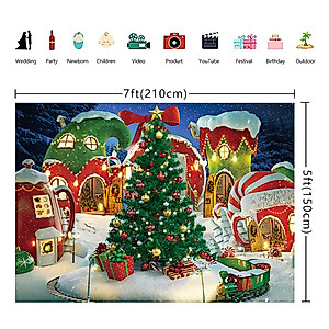 Cartoon Christmas Village Photography Backdrop Winter Snow Pine Tree Background Xmas Fairy Tale Animated Kid Party Photo Booth Banner Supplies (7x5)