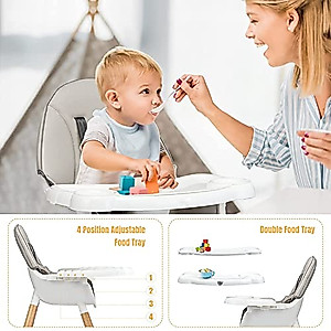 BABY JOY 5 in 1 High Chair, Convertible High Chairs for Babies and Toddlers/Booster Seat/Table and Chair Set, Infant Wooden Highchair w/ 5-Point Harness, 4-Position Removable Tray & PU Cushion, Gray