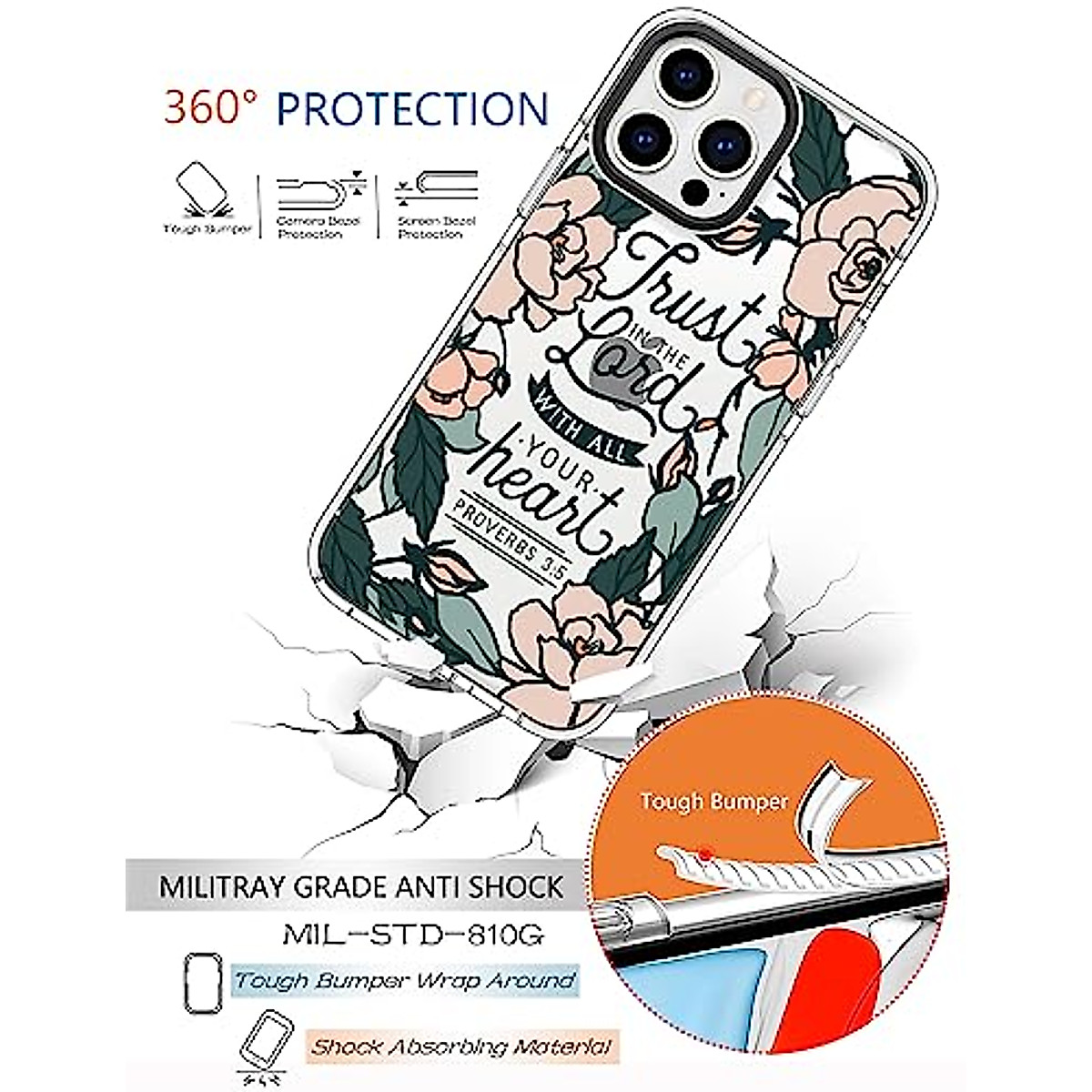 iPhone 13 Pro Max Case,Women Girl Cute Peony Flowers Floral Bible Verse Proverbs 3:5 Quotes Inspirational Christian Clear Soft Rubber TPU Anti Scratch Protective Clear Case Cover for iPhone 13 Pro Max