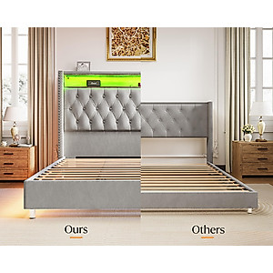 Jocisland Queen Size Bed Frame 53.6'' Tall Headboard LED Lights Charging Station, Velvet Hign Upholstered Platform Bed Wingback Storage, No Box Spring Needed, Motion Activated Light, Light Gray
